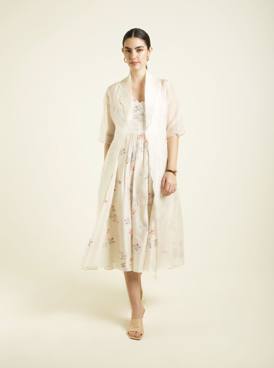 Buy - Celeste ivory scalloped jacket with strap dress | Elan Store
