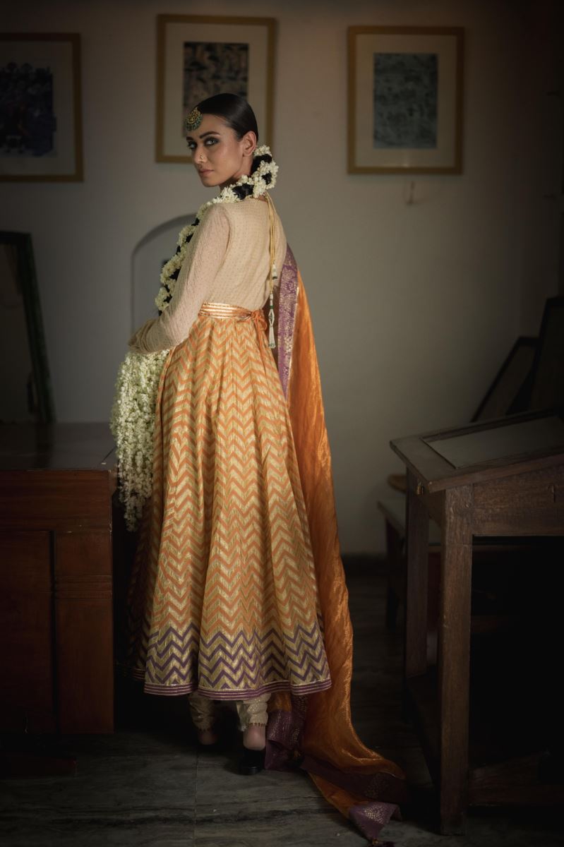 Buy - Faridkot jaafi kesaria orange, jamun purple and gold kurta | Elan Store