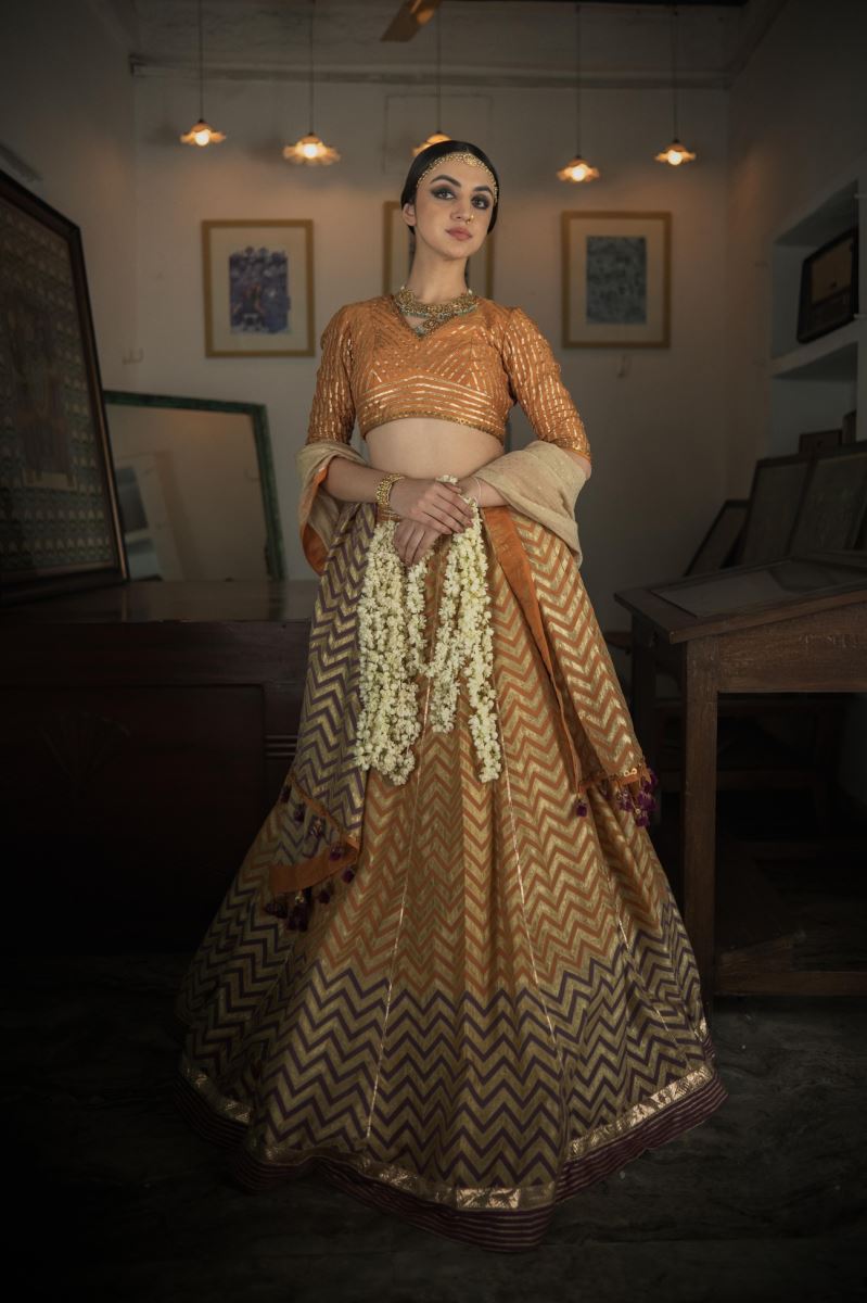 Buy - Faridkot sindhu kesaria orange, jamun purple and gold skirt | Elan Store