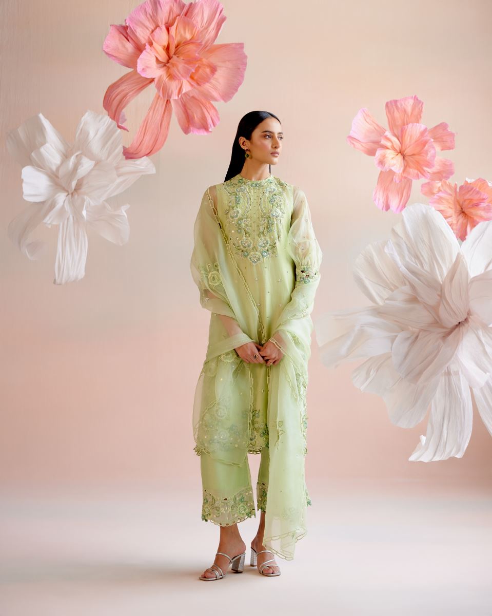 Buy - Iris mint green tonal cutwork dupatta | Elan Store