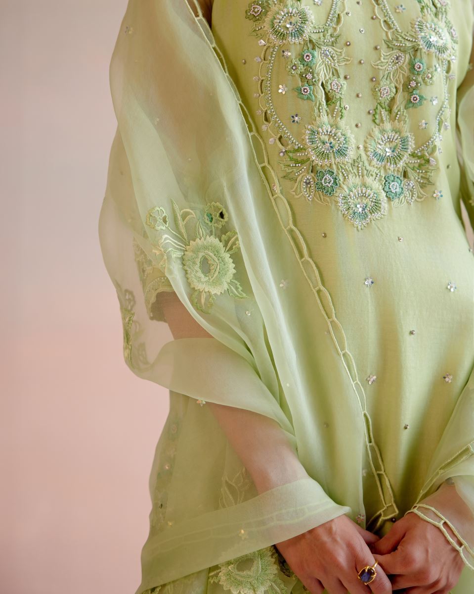 Buy - Iris mint green tonal cutwork dupatta | Elan Store