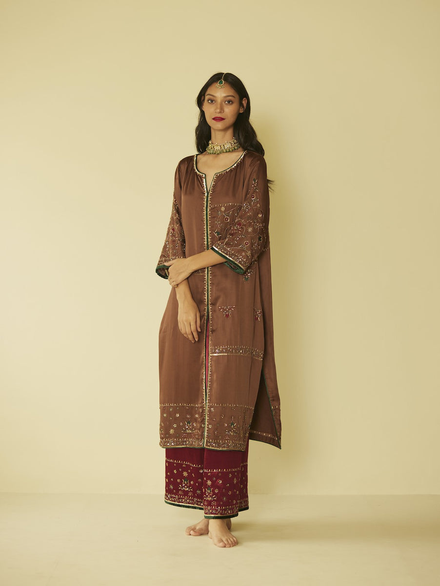 Buy - Meera brown farida kurta with pants | Elan Store
