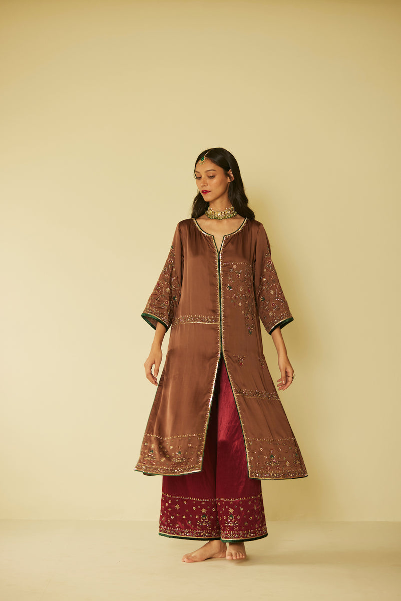 Buy - Meera brown farida kurta with pants | Elan Store