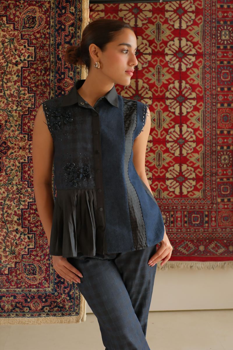 Buy - Denim midnight blue gathered top | Elan Store