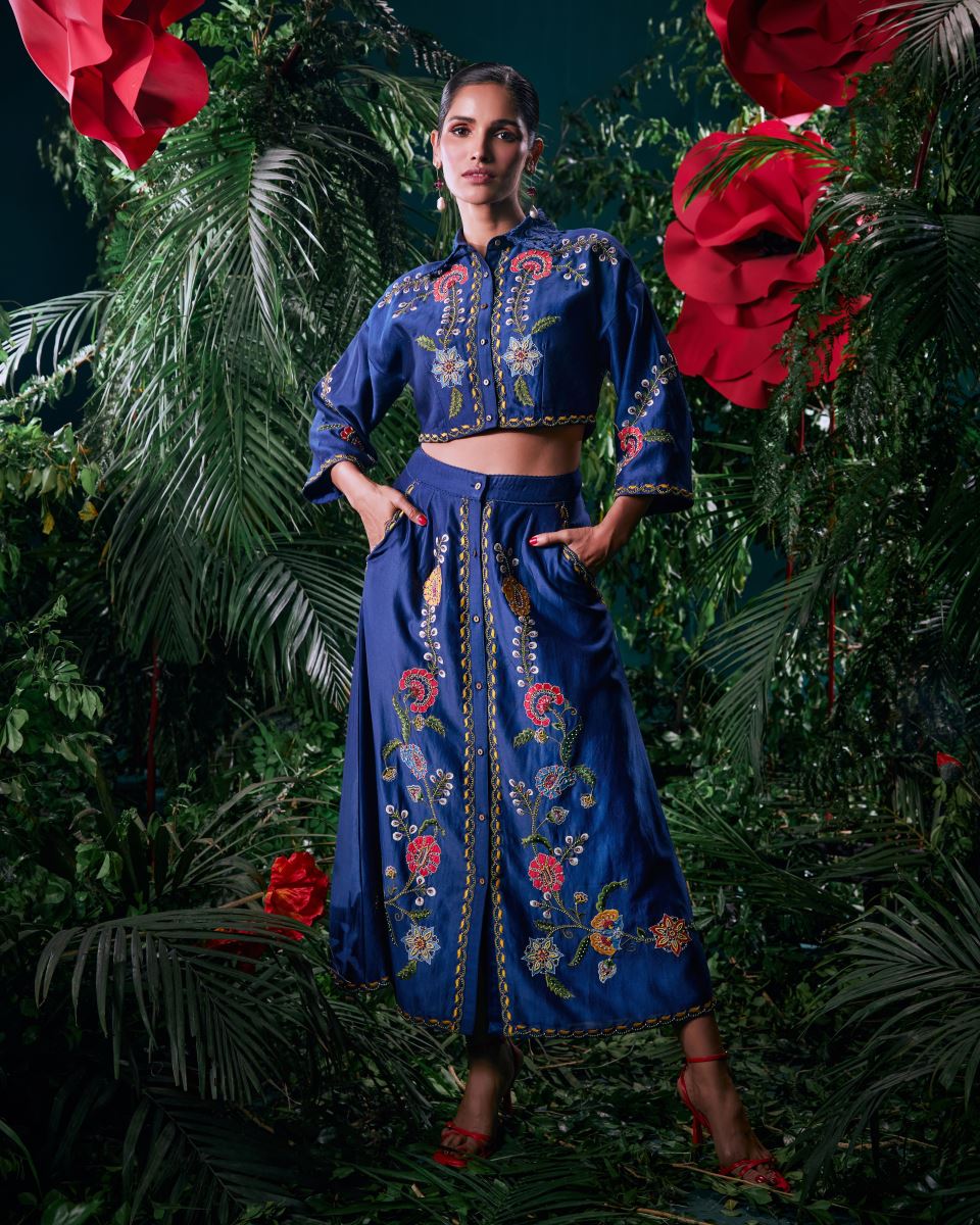 Buy - Eden indigo floral embroidered skirt | Elan Store