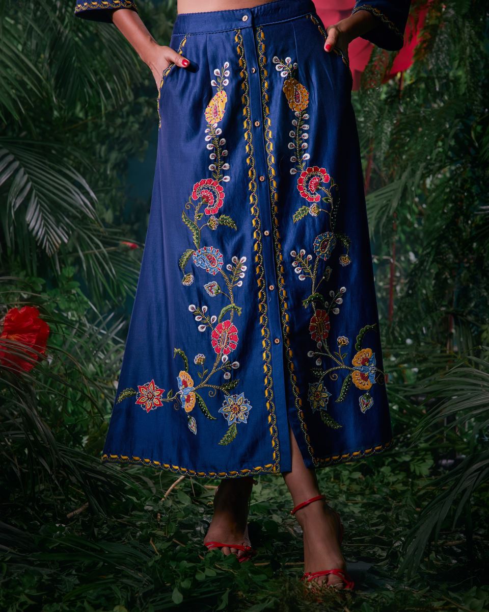 Buy - Eden indigo floral embroidered skirt | Elan Store
