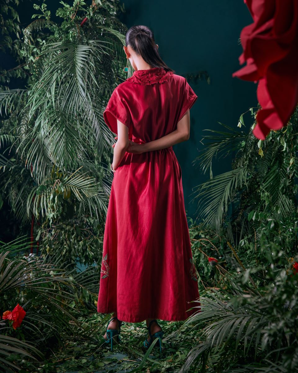 Buy - Eden red floral embroidered shirt dress | Elan Store