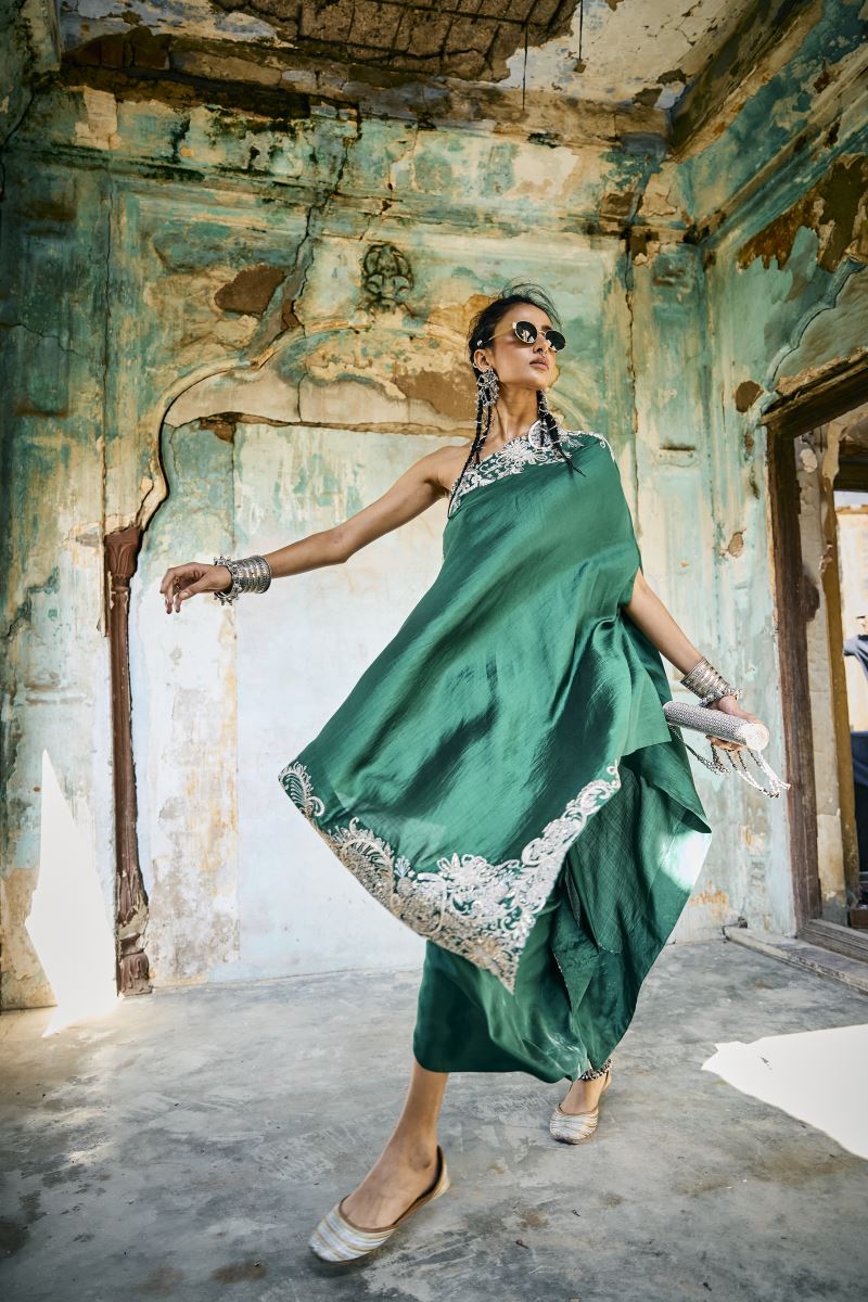 Buy - Emerald green off shoulder cape set | Elan Store