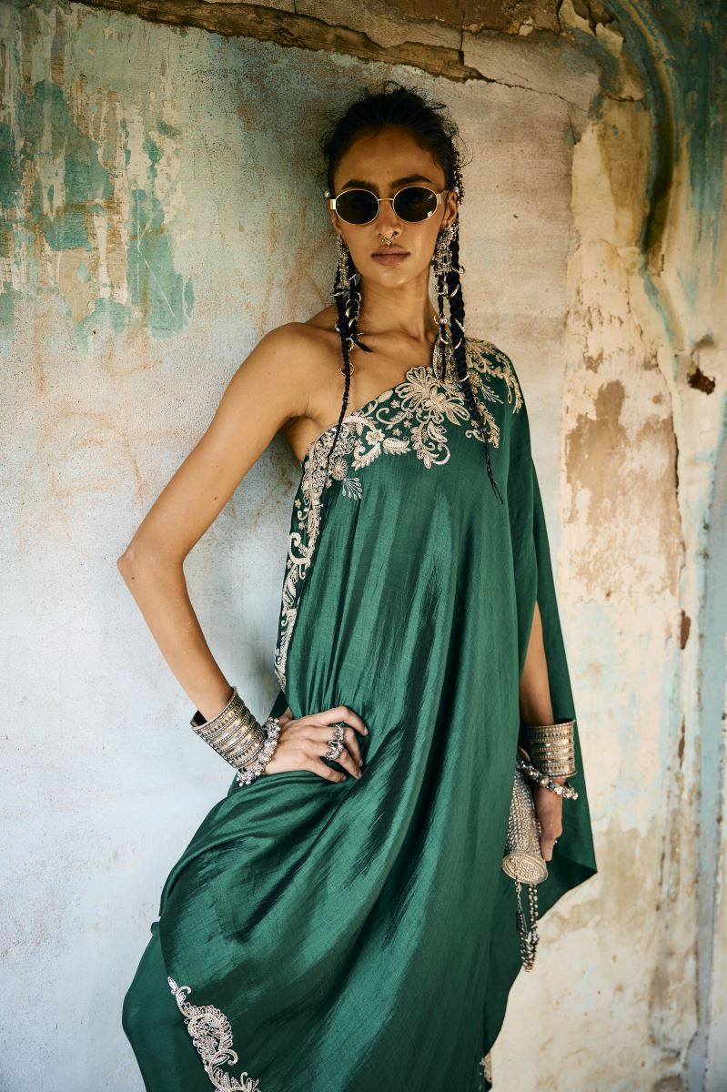 Buy - Emerald green off shoulder cape set | Elan Store