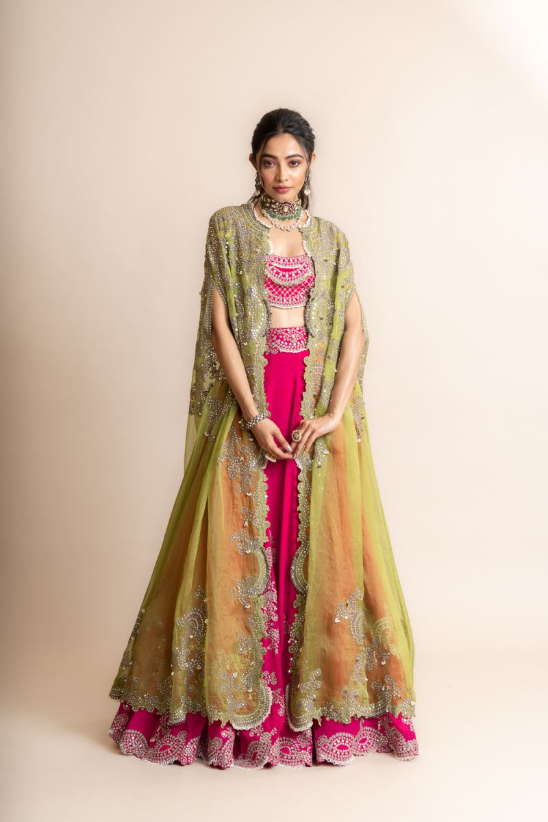 Buy - Fuchsia pink cape with lehenga set-2 | Elan Store