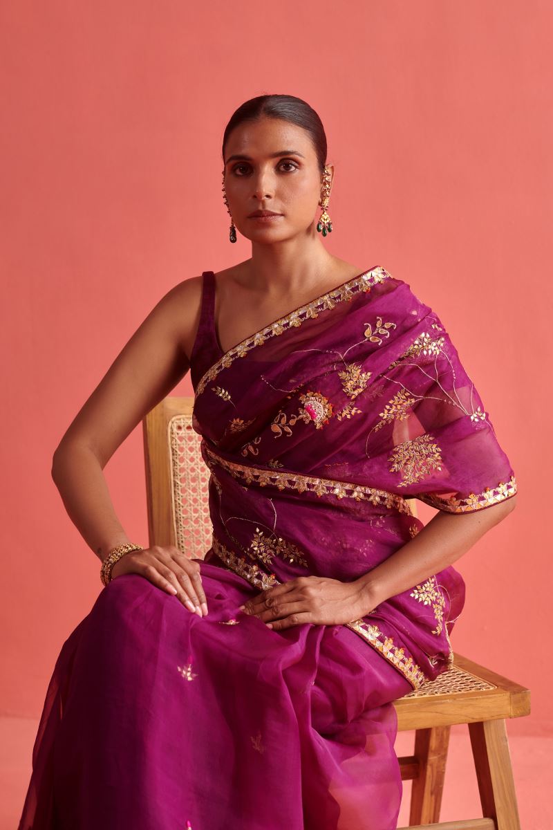 Buy - Gulbaug wine sari with blouse | Elan Store