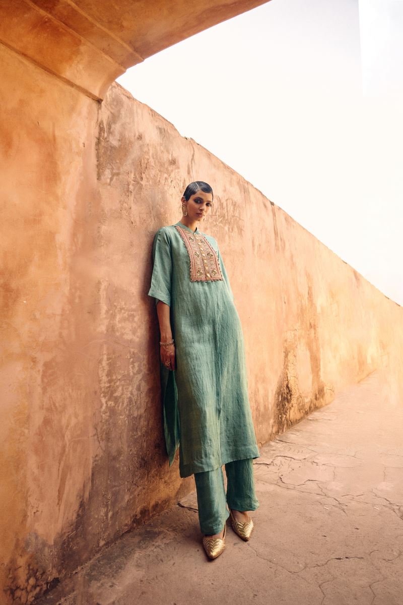 Buy - Haldi Nashpal blue kaftan set | Elan Store