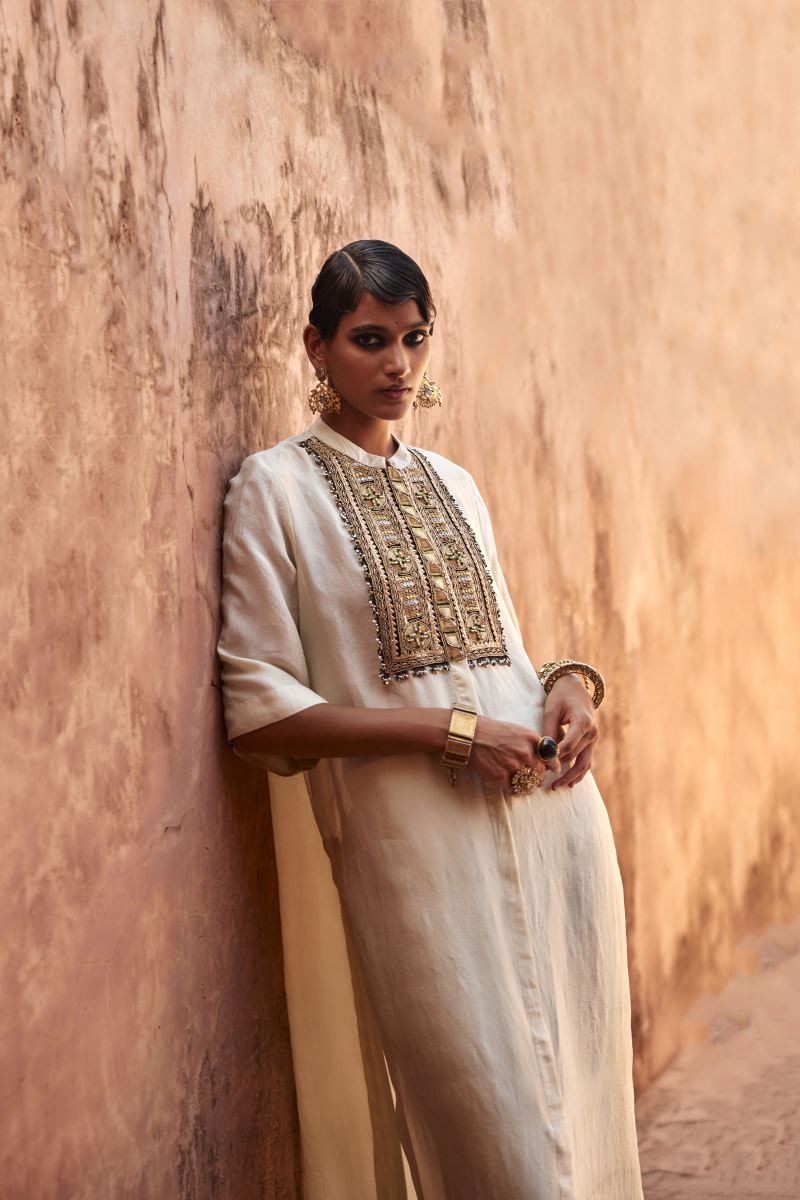 Buy - Haldi Nashpal ivory kaftan set | Elan Store