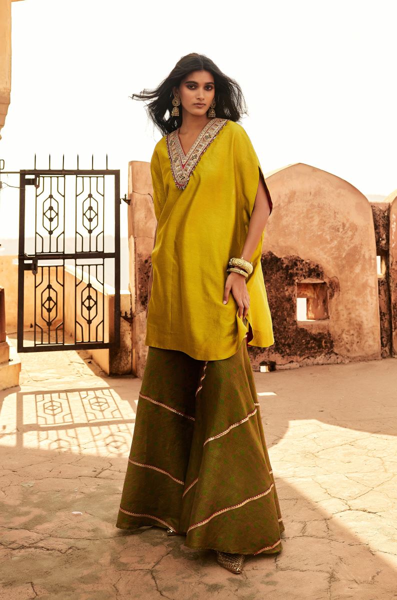 Buy - Haldi Nashpal yellow and green Sharara set | Elan Store