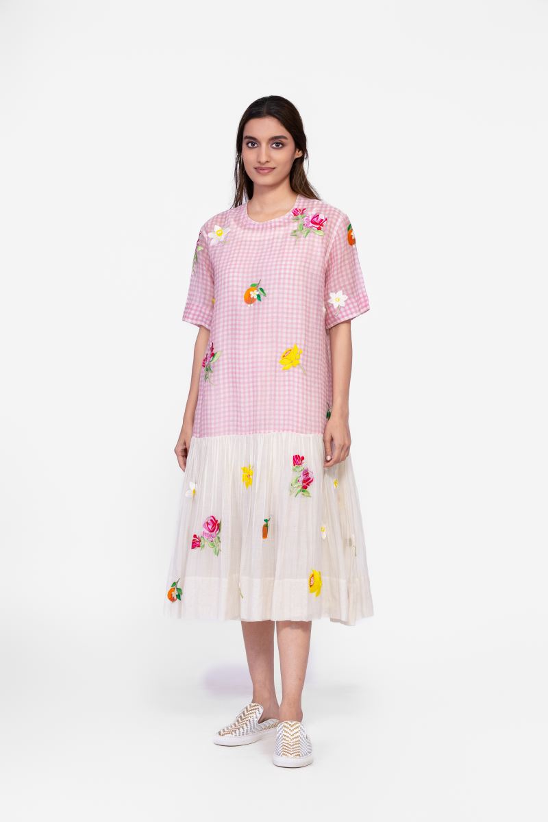 Buy - Cotton half and half printed embroidered dress | Elan Store