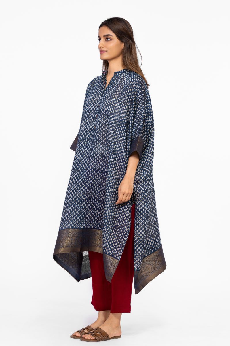 Buy - Indigo silk kaftan tunic with pants | Elan Store