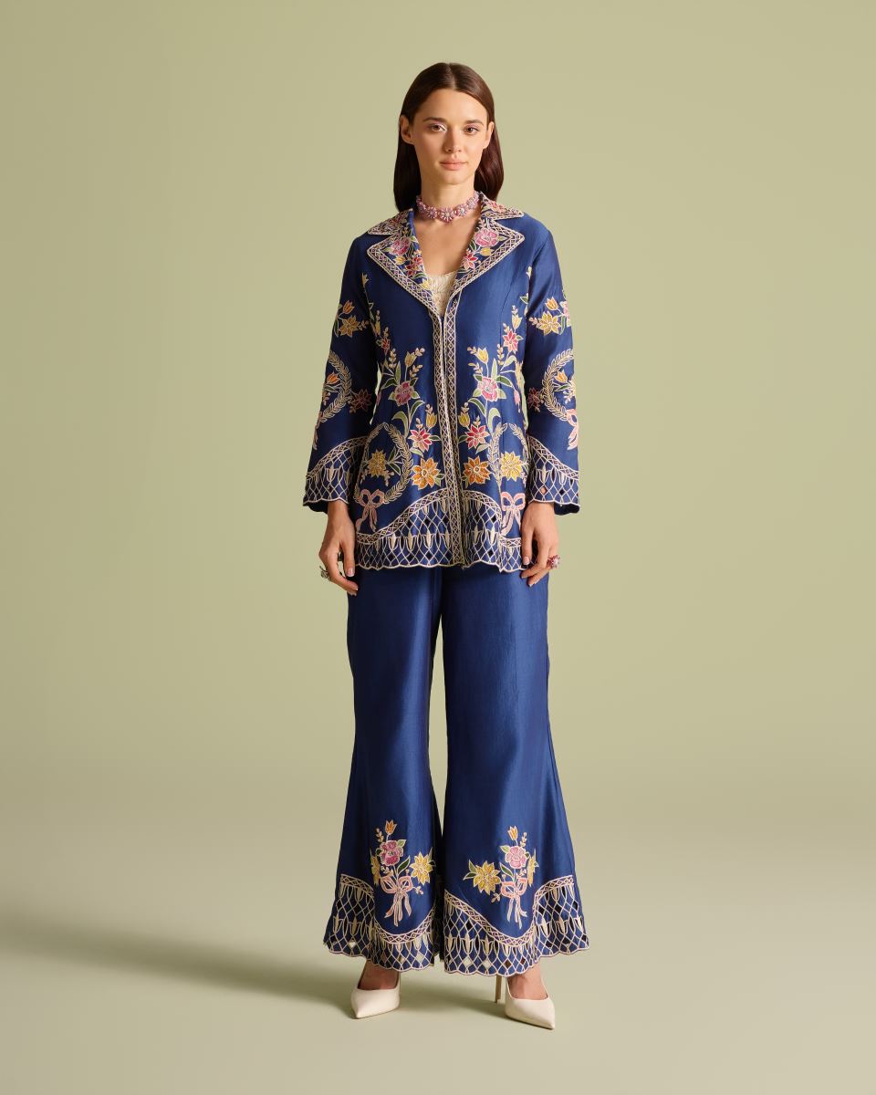 Buy - Indigo applique and threadwork jacket | Elan Store
