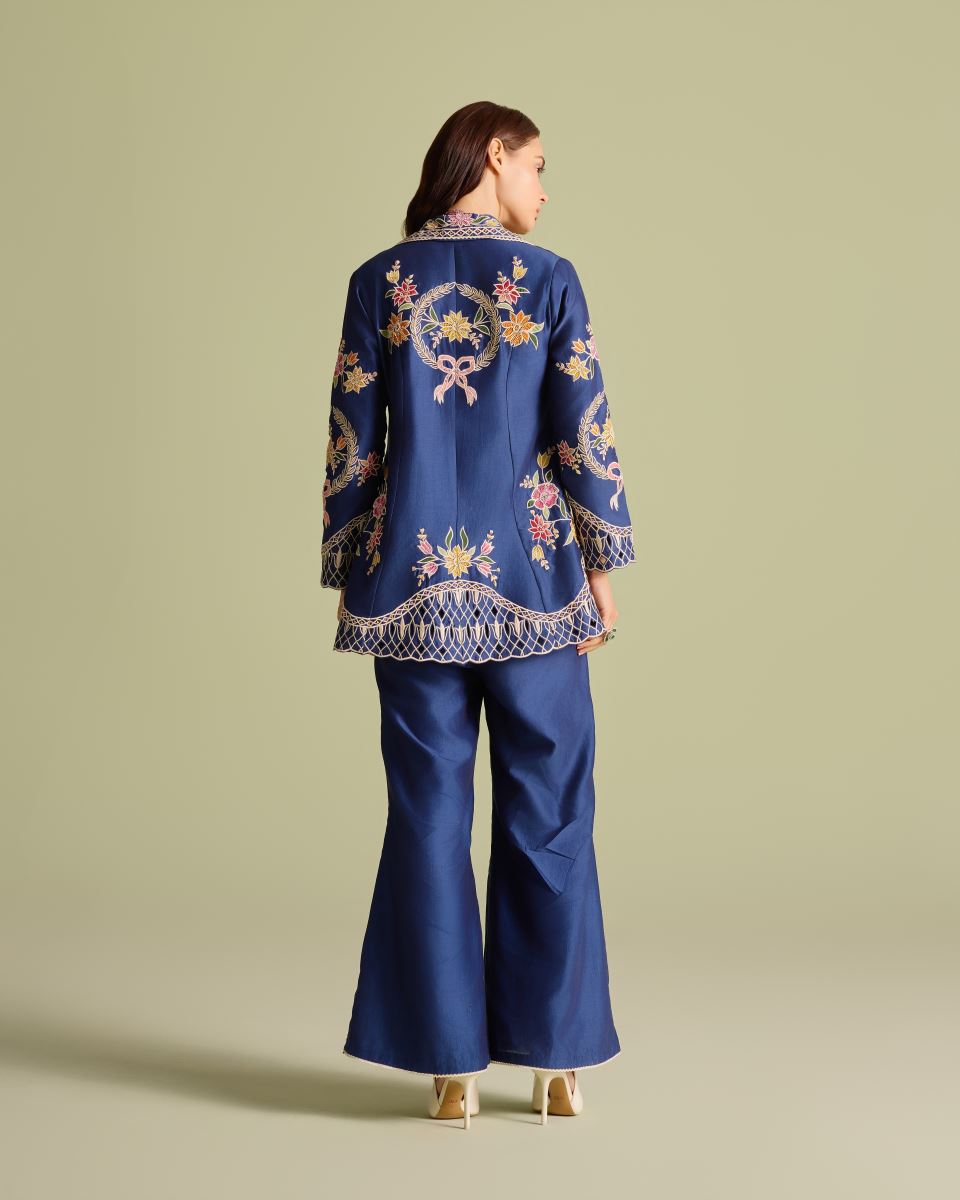 Buy - Indigo applique and threadwork jacket | Elan Store