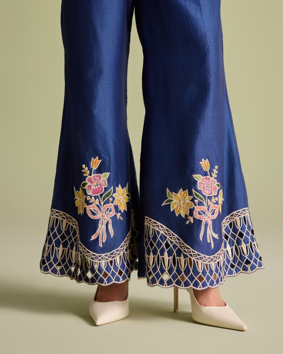 Buy - Indigo applique and threadwork pants | Elan Store