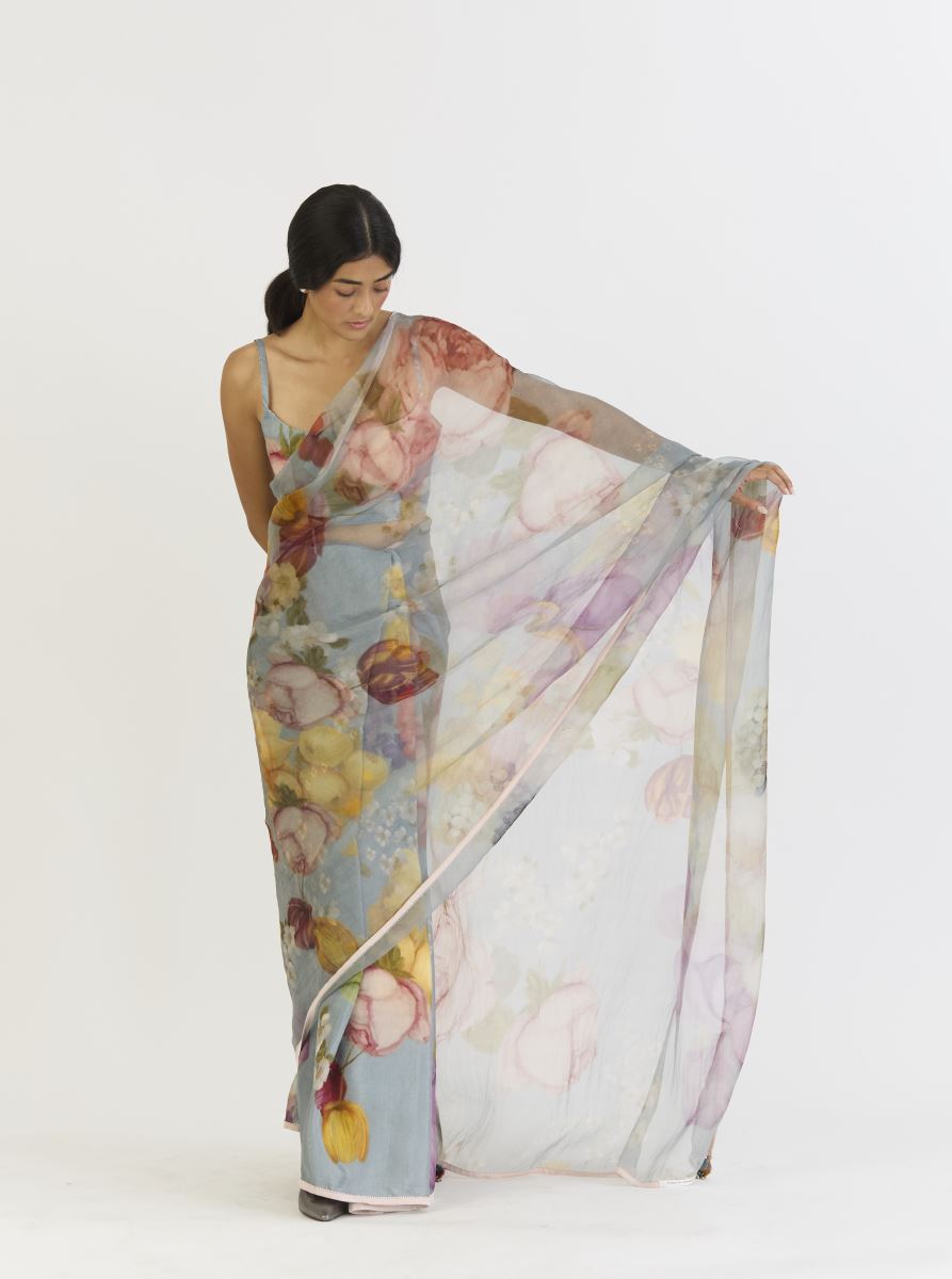 Buy - Indigo shades of blue rose half silk half organza sari | Elan Store