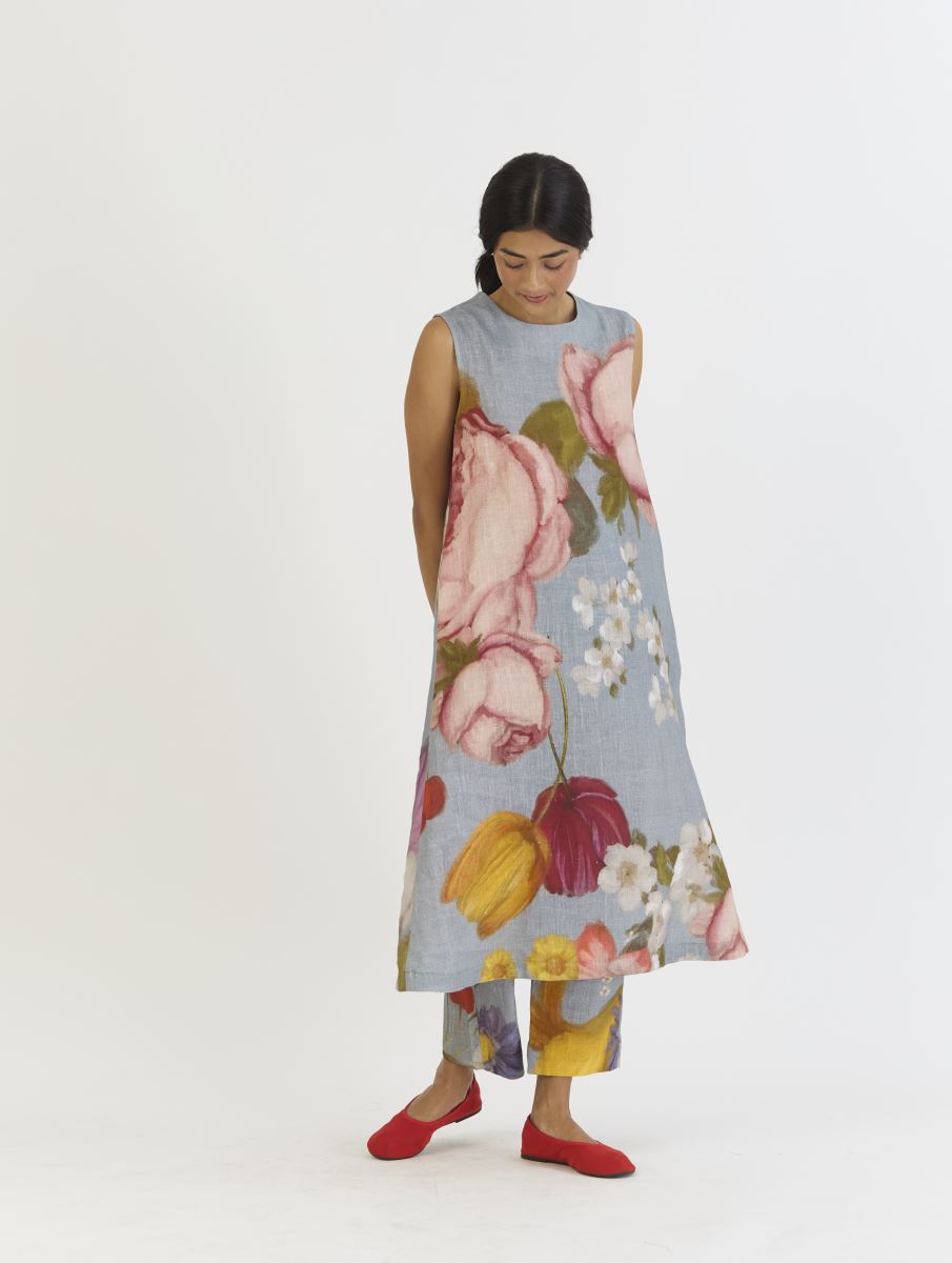 Buy - Indigo shades of blue rose linen kurta set | Elan Store