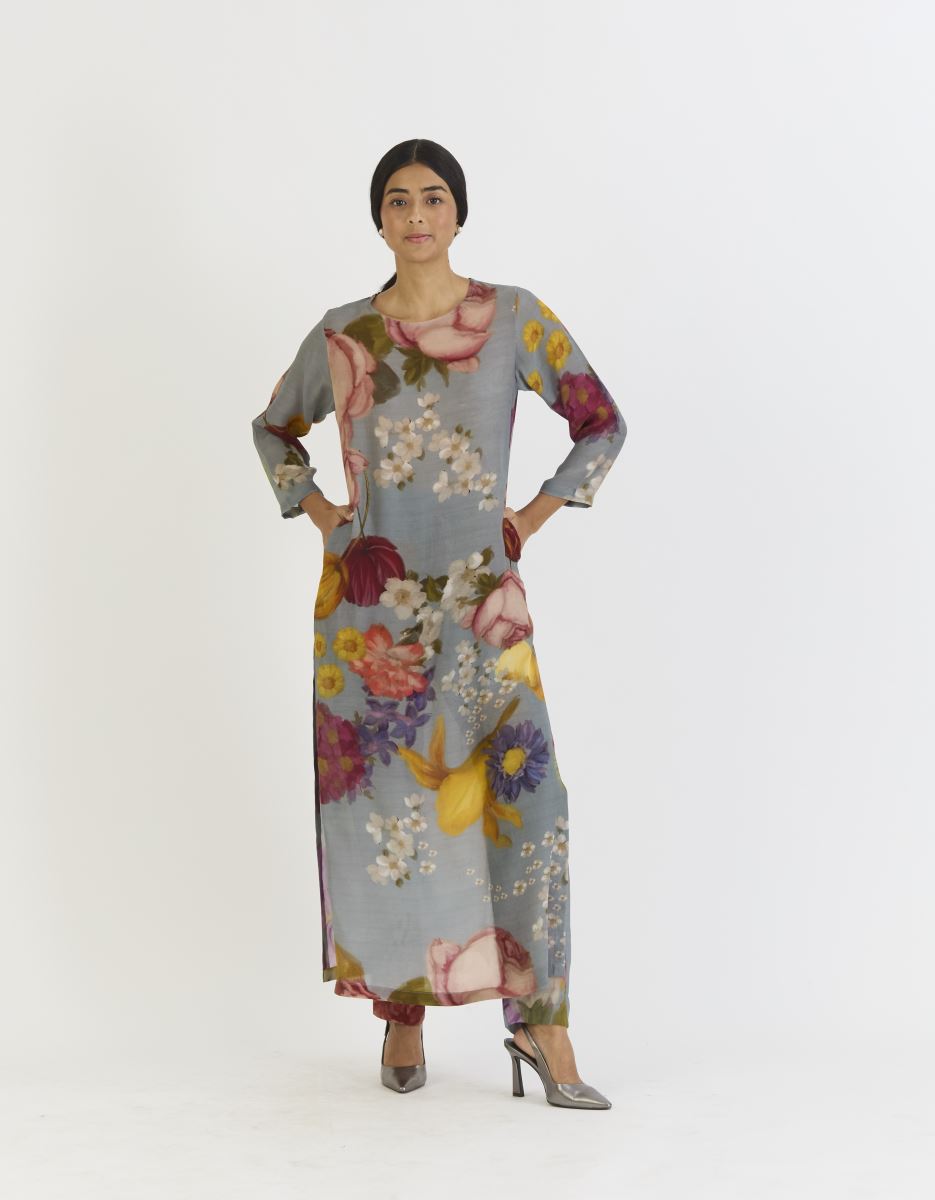 Buy - Indigo shades of blue rose long kurta set | Elan Store