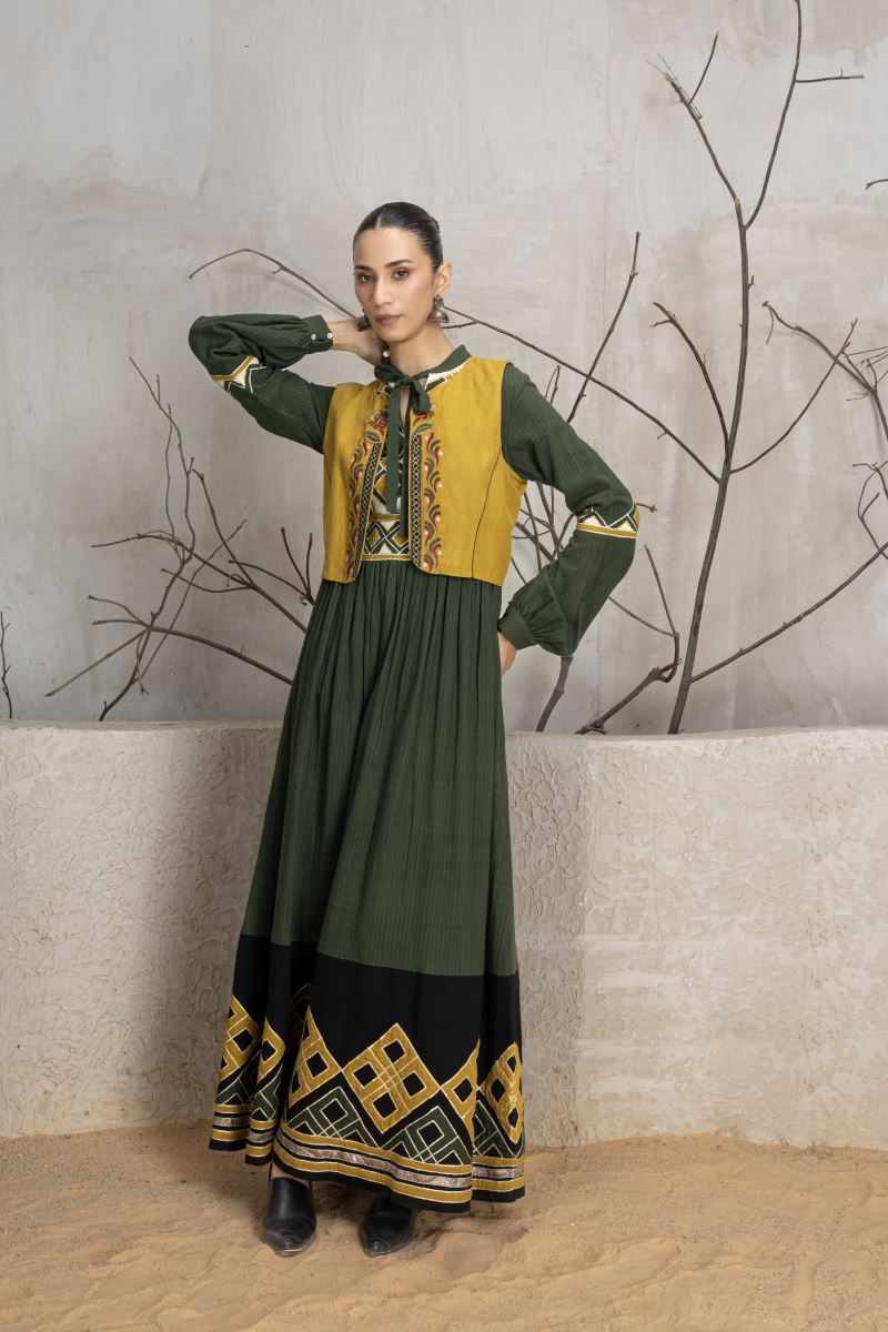 Buy - Mustard linen embroidered koti jacket | Elan Store
