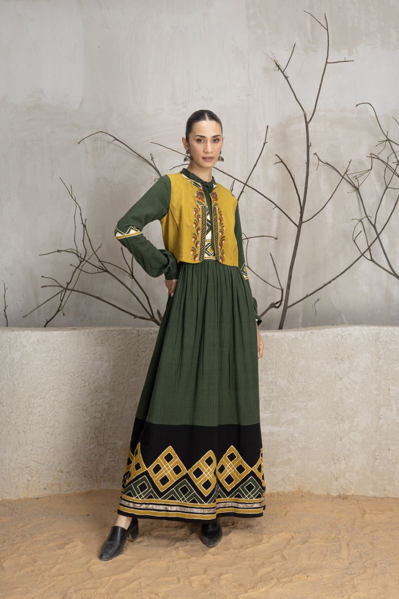 Buy - Mustard linen embroidered koti jacket | Elan Store