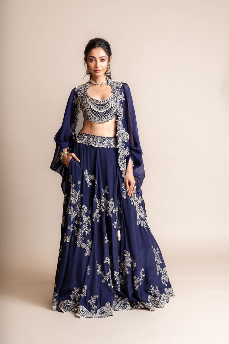 Buy - Navy blue embroidered lehenga set-3 | Elan Store