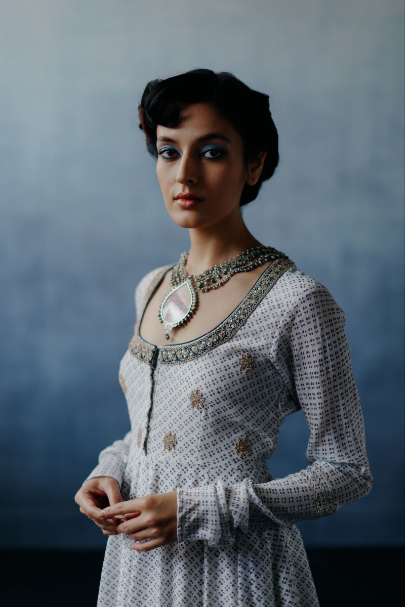 Buy - Neel white and blue anarkali set | Elan Store