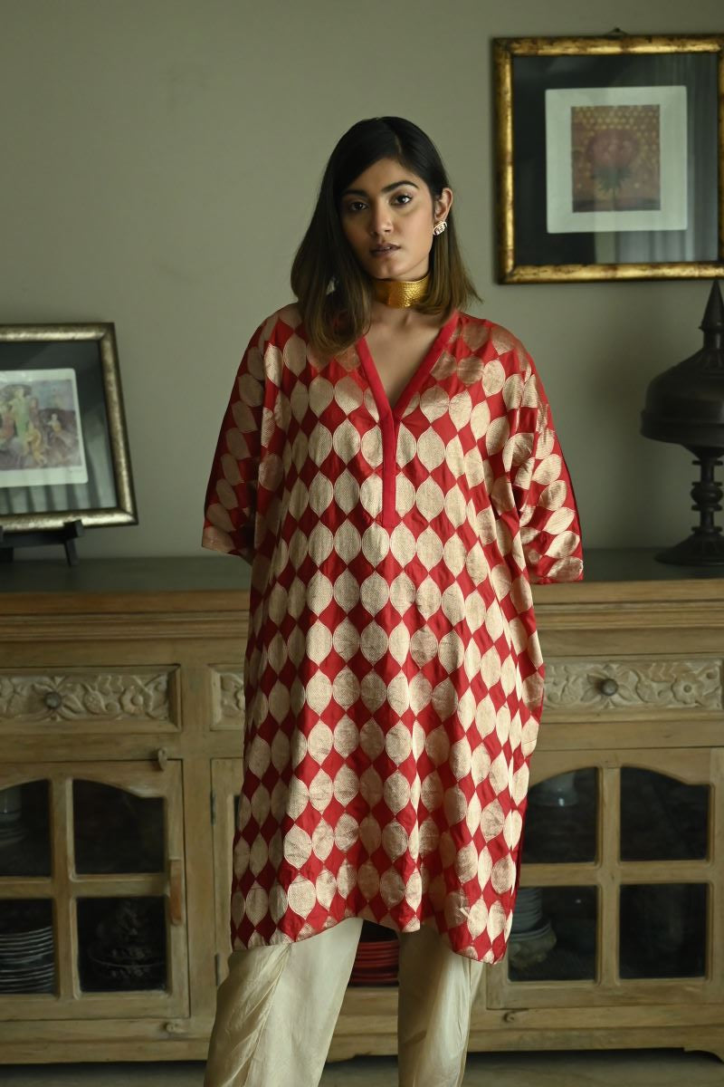 Buy - Noor red brocade shahi kaftan with chai beige nandini dhoti ...