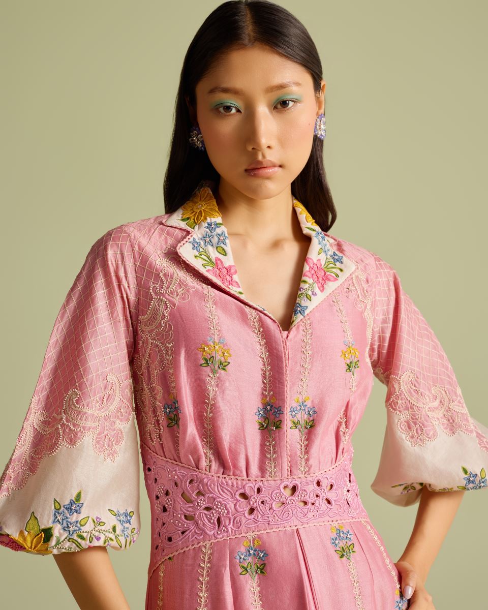 Buy - Pink and ivory color block embroidered dress | Elan Store