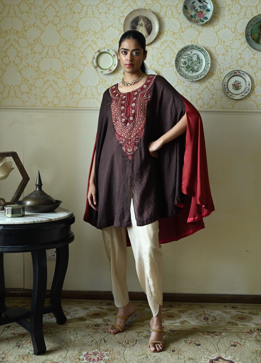 Buy - Roshnee brown cape with beige dhoti pants | Elan Store