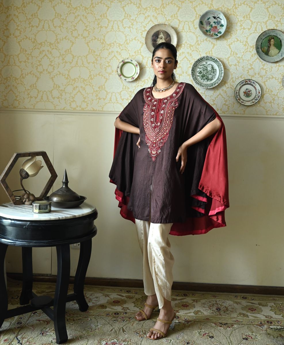 Buy - Roshnee brown cape with beige dhoti pants | Elan Store