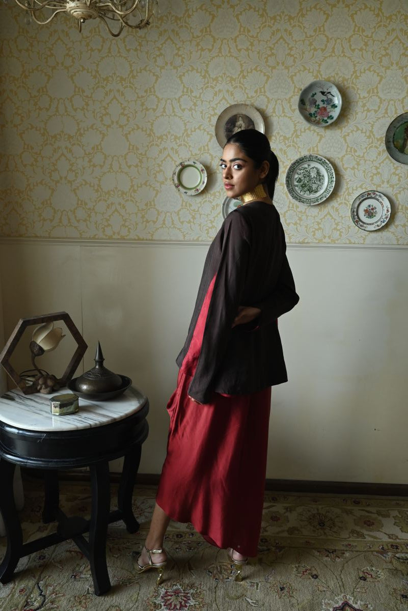 Buy - Roshnee brown shabana kurta with red cowl skirt | Elan Store