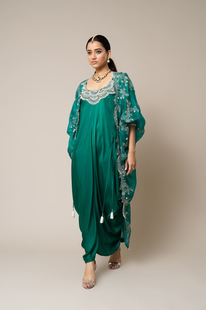 Buy - Sea green cape & dress set | Elan Store