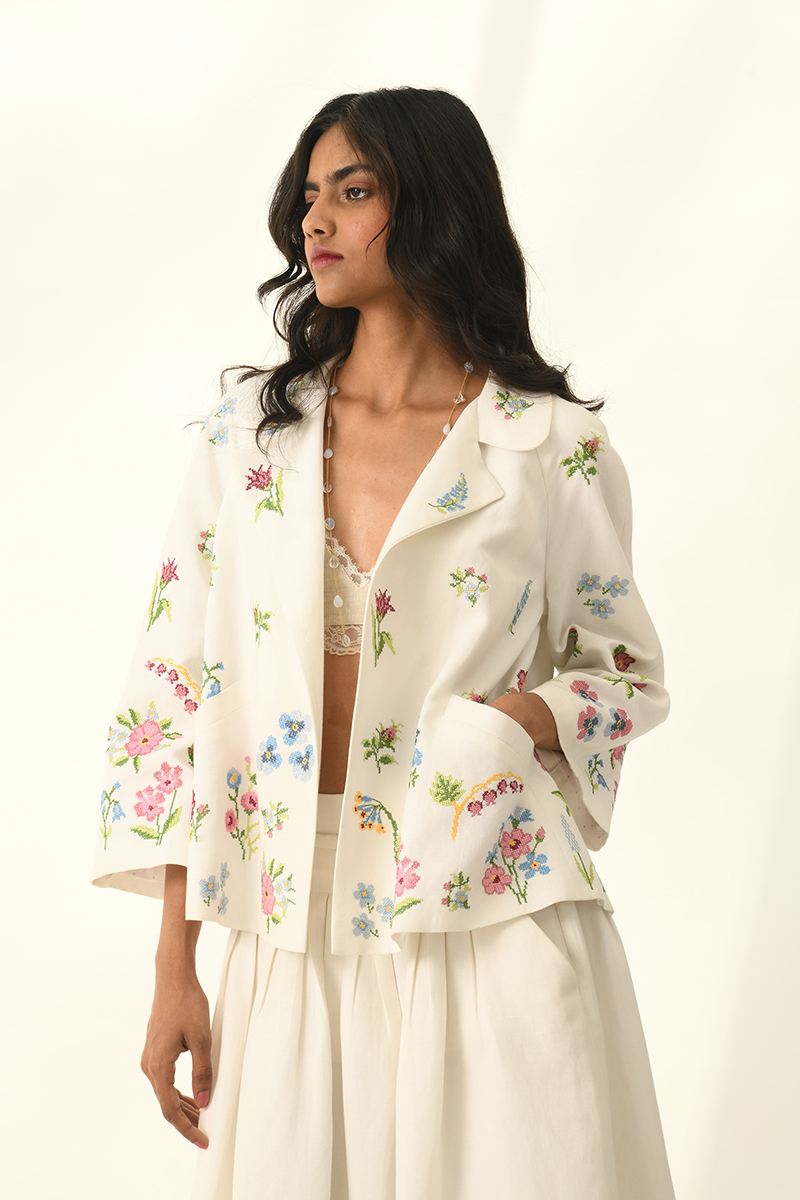 Buy - Stellata beige cross stitch jacket | Elan Store