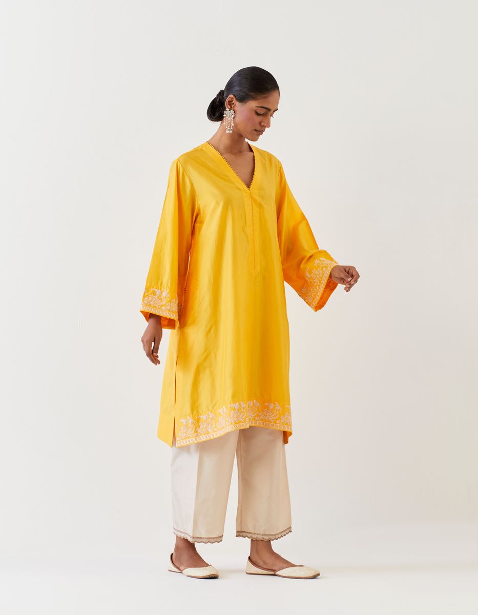 Buy - Varna mango yellow and champagne hand embroidered tunic and ...