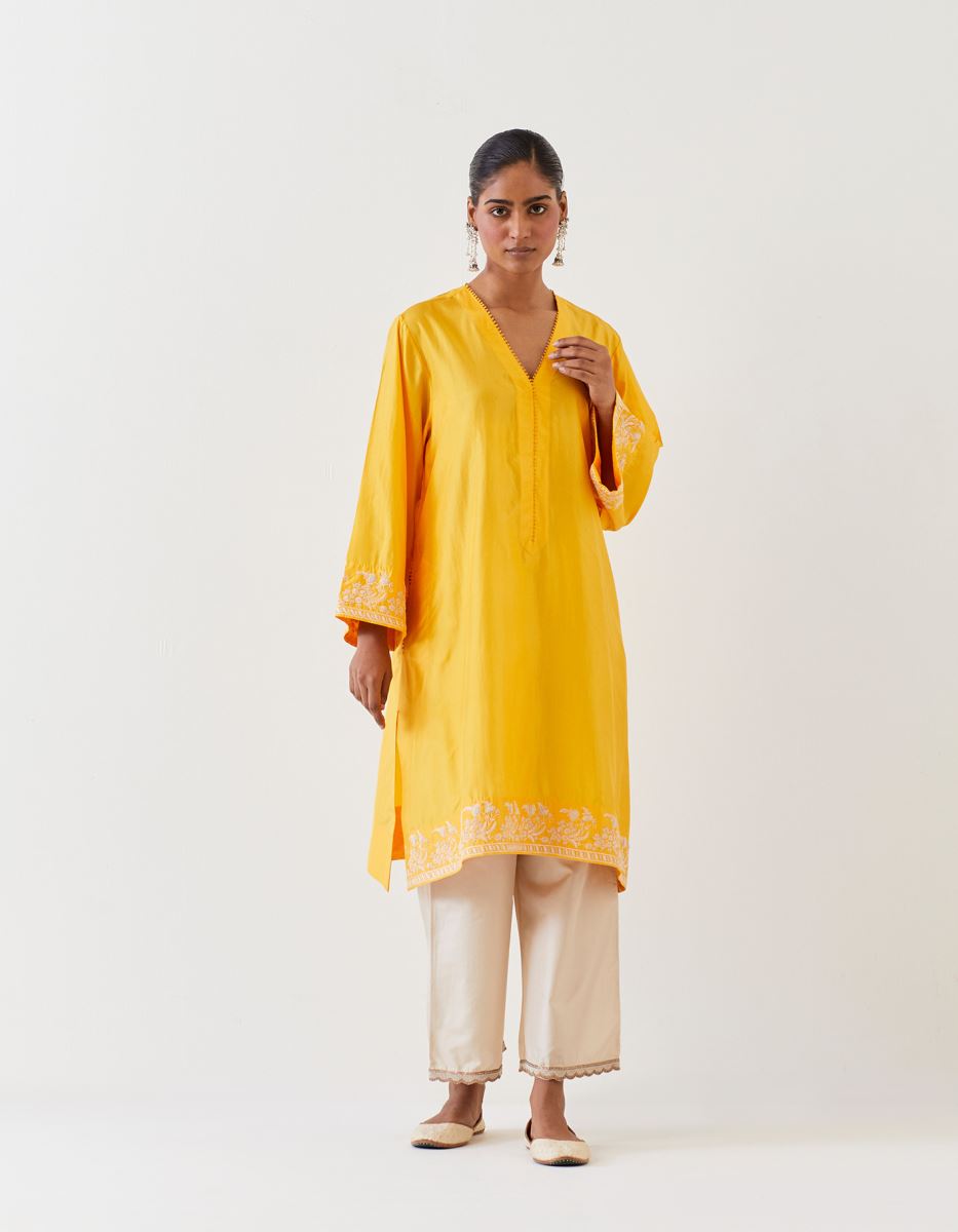 Buy - Varna mango yellow and champagne hand embroidered tunic and ...
