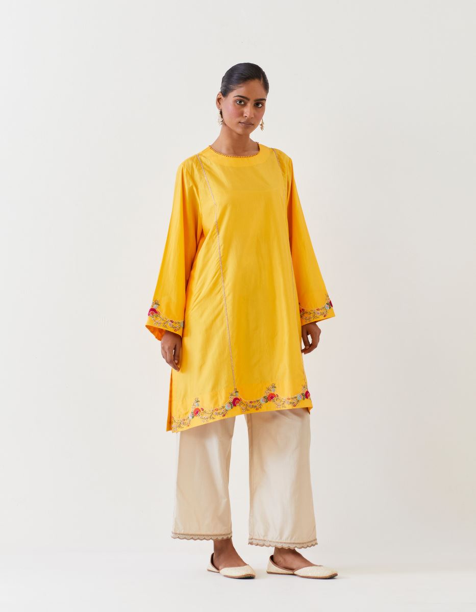 Buy - Varna mango yellow and champagne silk hand embroidered tunic and ...