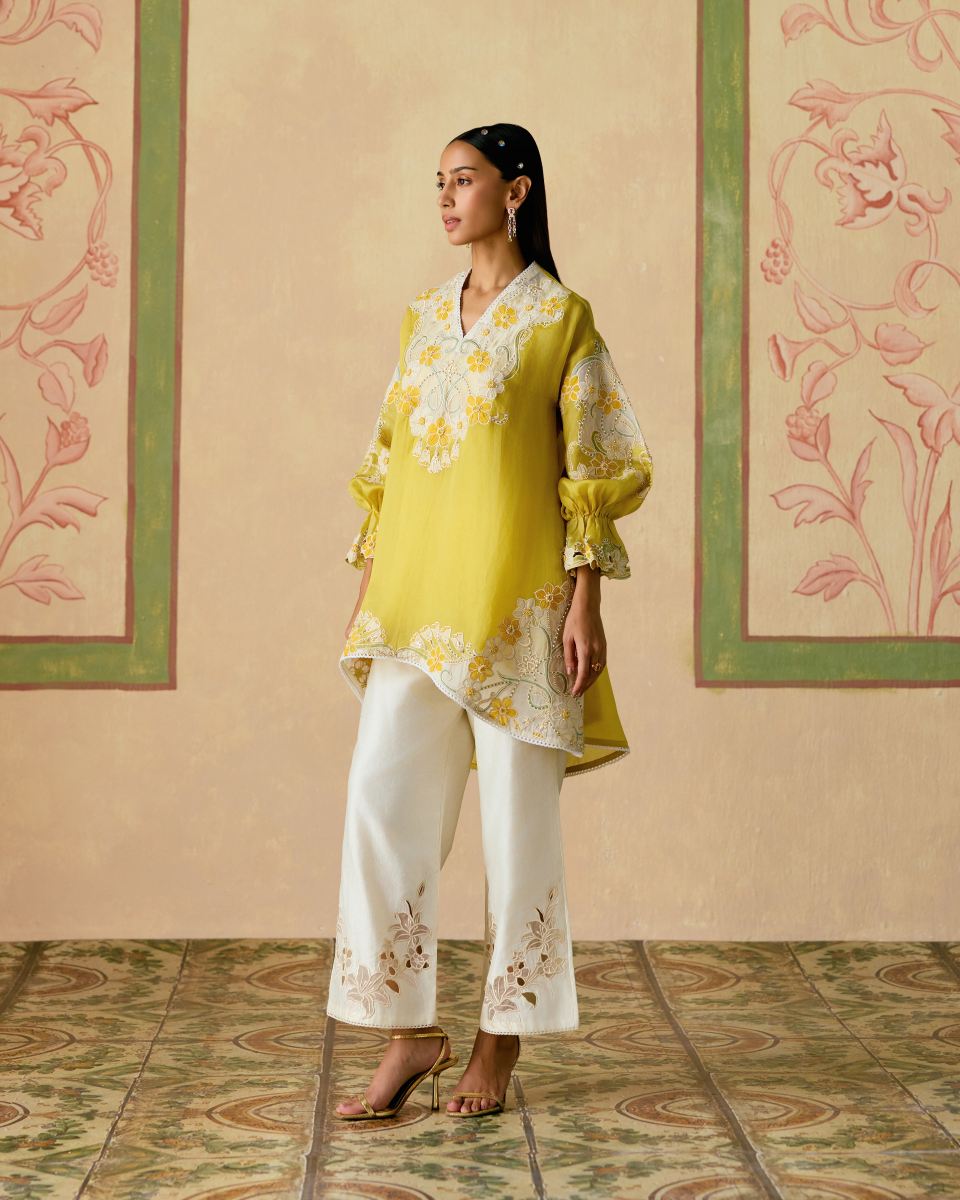 Buy - Zahara yellow and ivory color block tunic with sheer applique ...