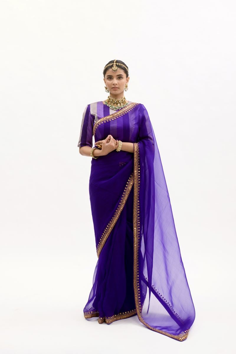 Buy - Aarti Sethia deep purple gota patti border saree set | Elan Store