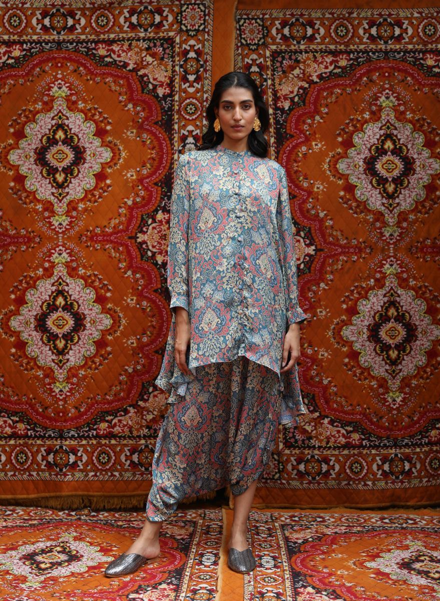 Buy - Atlas blue back yoke top and harem pants | Elan Store