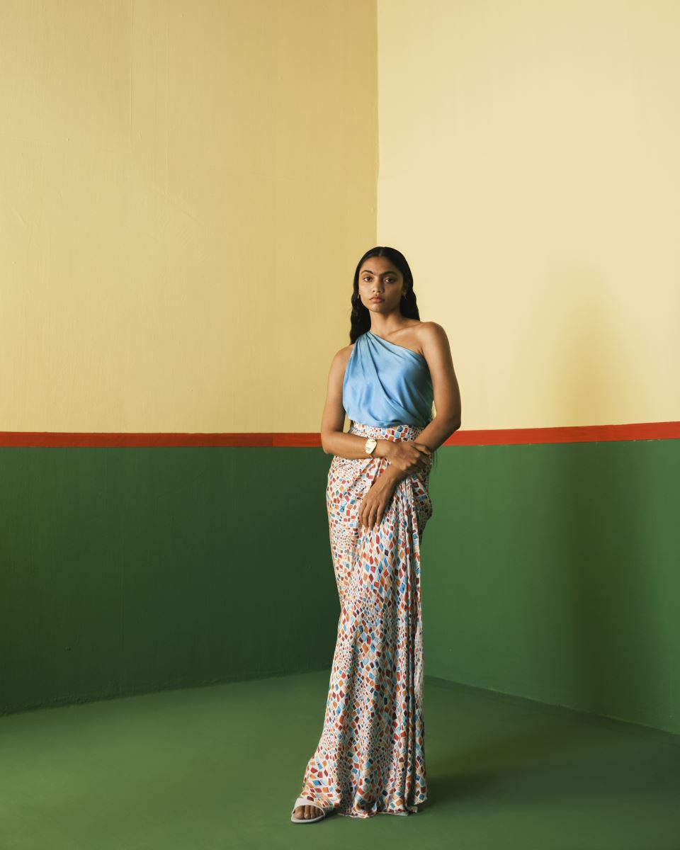 Buy - Blue toga top with crystal draped skirt | Elan Store