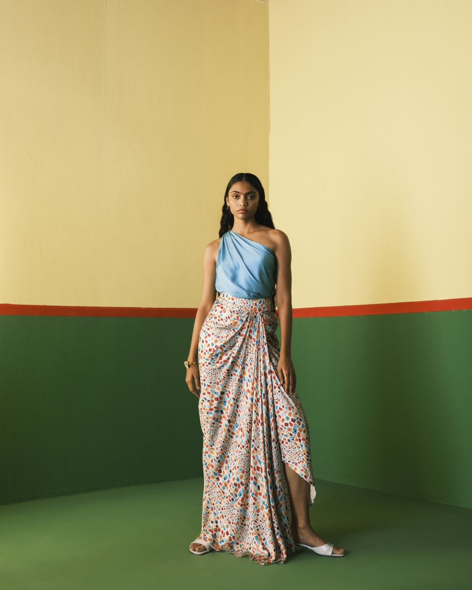 Buy - Blue toga top with crystal draped skirt | Elan Store