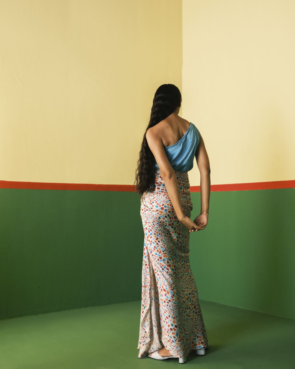 Buy - Blue toga top with crystal draped skirt | Elan Store