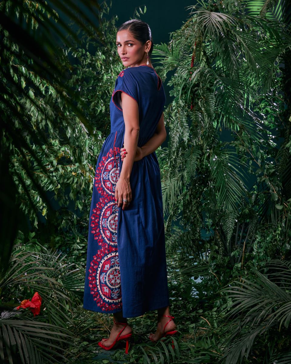 Buy - Eden indigo contrast cordwork dress | Elan Store