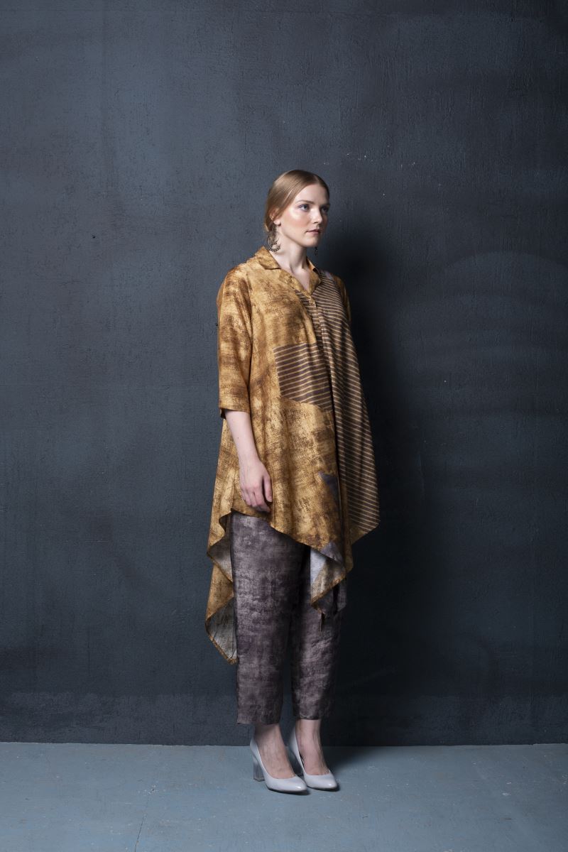 Buy - Golden and brown assymetric tunic with pants | Elan Store
