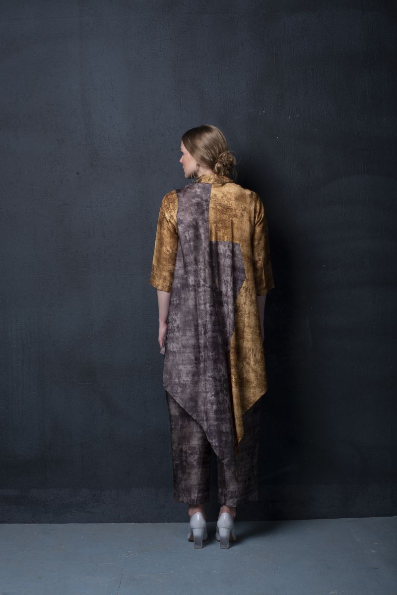 Buy - Golden and brown assymetric tunic with pants | Elan Store