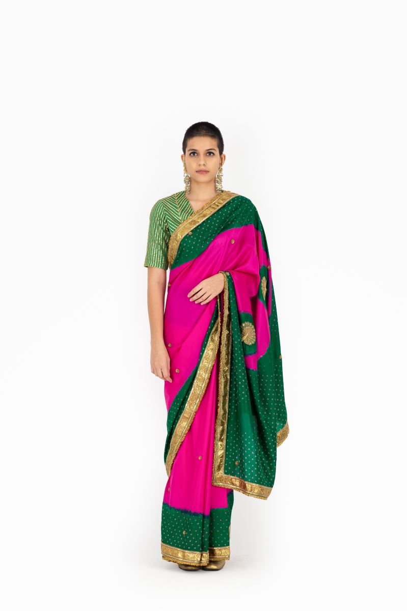 Buy - Kirti green and rani pink sari | Elan Store